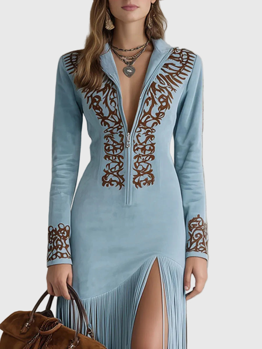 Ophelio Nyugati Fél-Zip Hímzett Műsuede Fringes Maxi Ruha – Petra Budapest